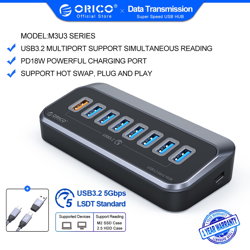 ORICO USB Hub USB 3.0 7 Ports High Speed 5Gbps Extension Hub Type C to USB 3.0 Hub Splitter With ...