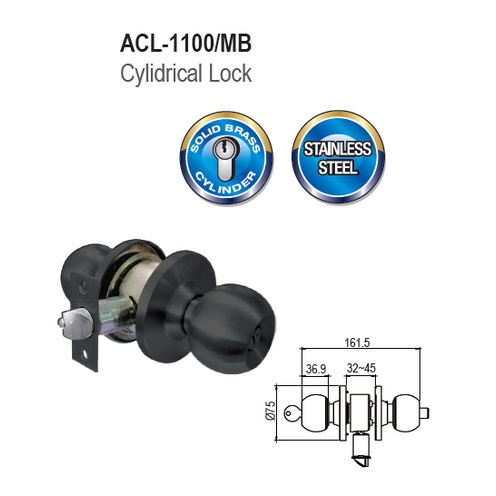 Armor Cylindrical Lock Matt Black ACL-1100/MB / door knob /matt black ...