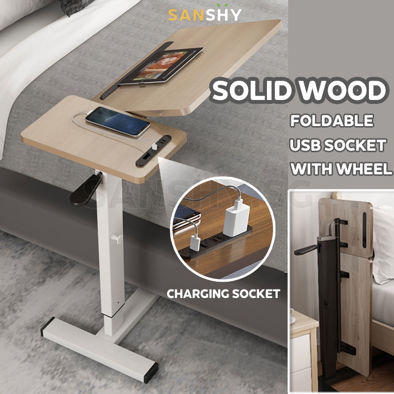 Height Adjustable Table Movable Table Foldable With Wheel Solid Wood ...