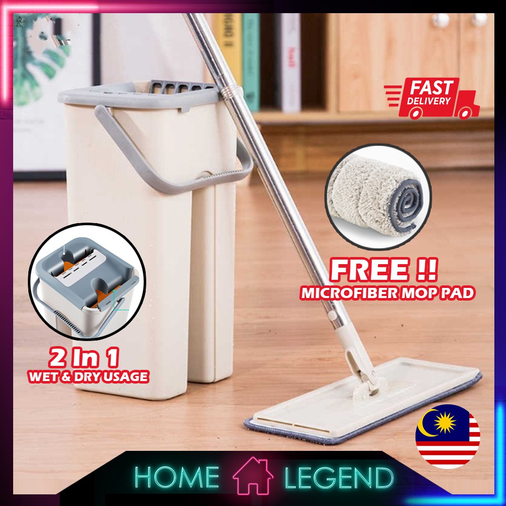 2 In 1 Mop Magic Flat Mop with Bucket Dry and Wet Compatible Mop Lantai ...
