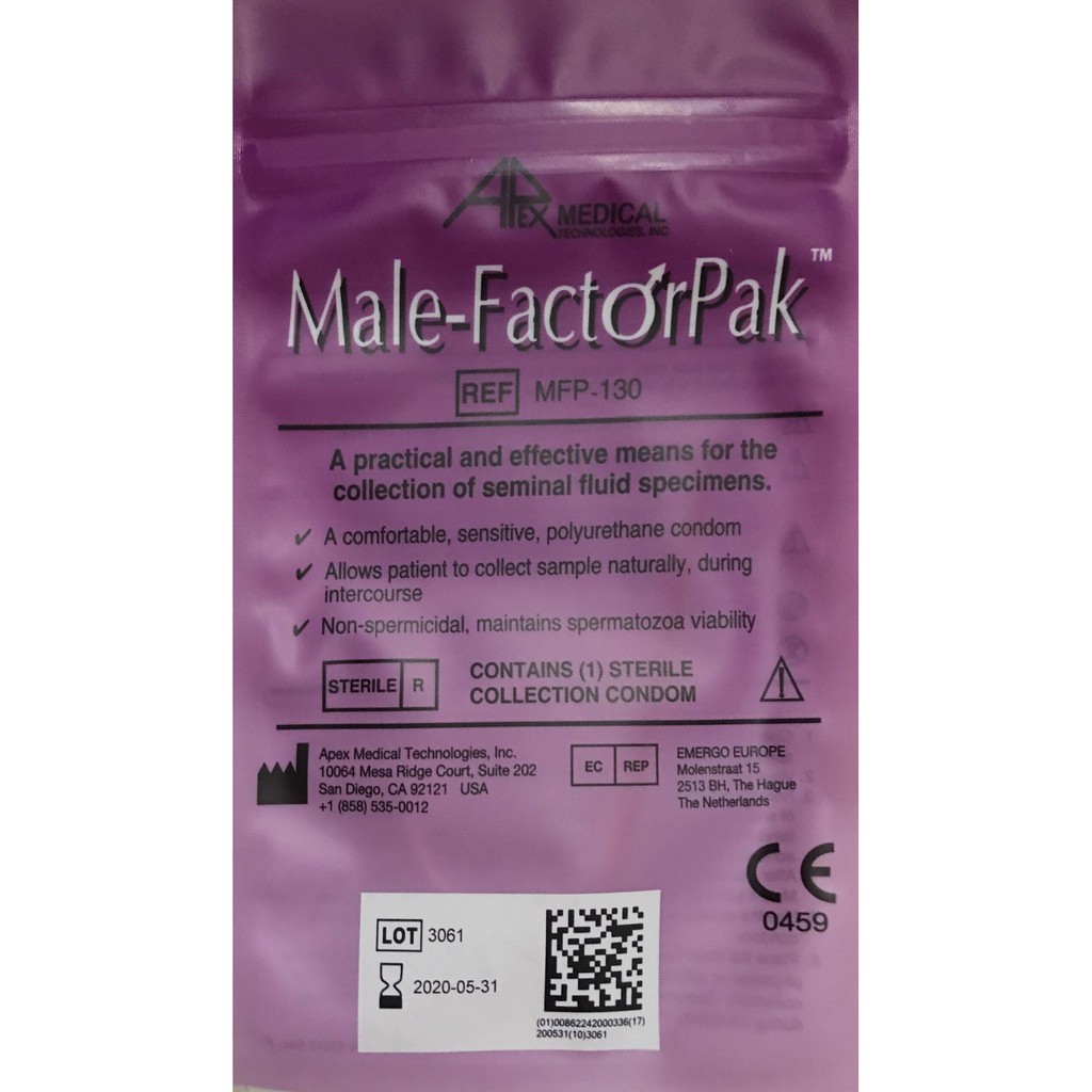 Male Factor Pak Semen Collection Condom For Fertility, IVF, IUI ...