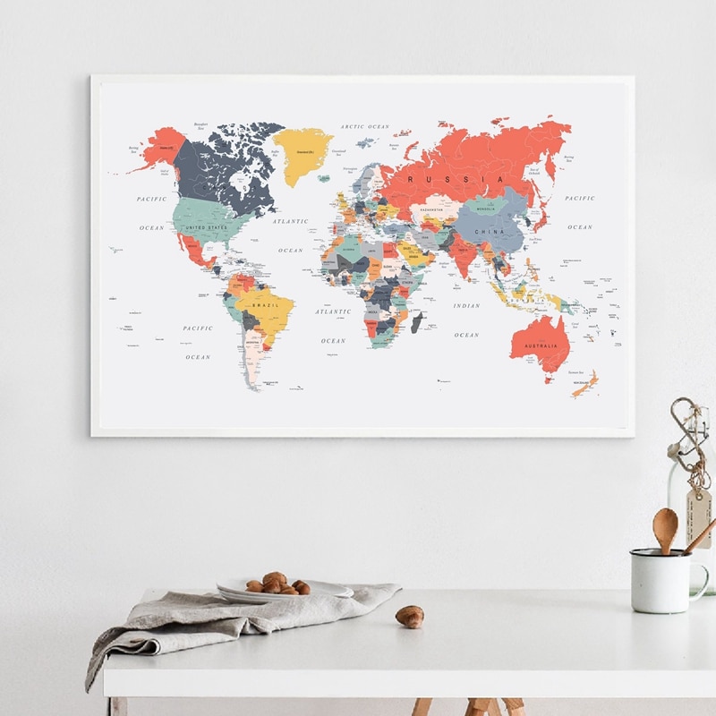 World Map Poster Print Happy Colors Wall Art Canvas Painting Coral Blue ...