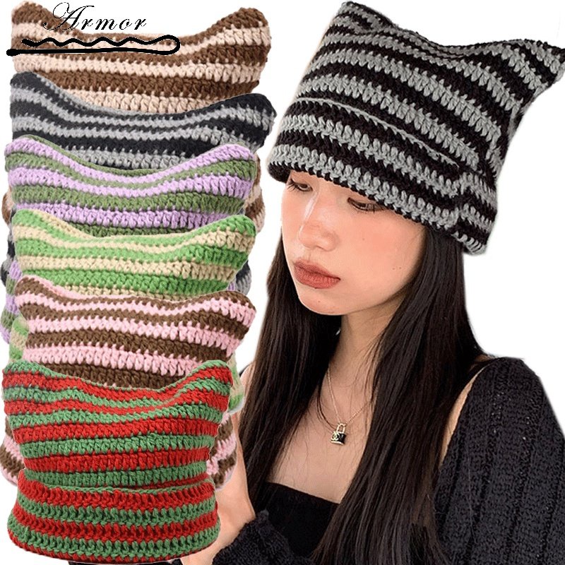 Acrylic Japanese Beanie Hat For Girl Cute Cat Ears Little Devil Striped ...