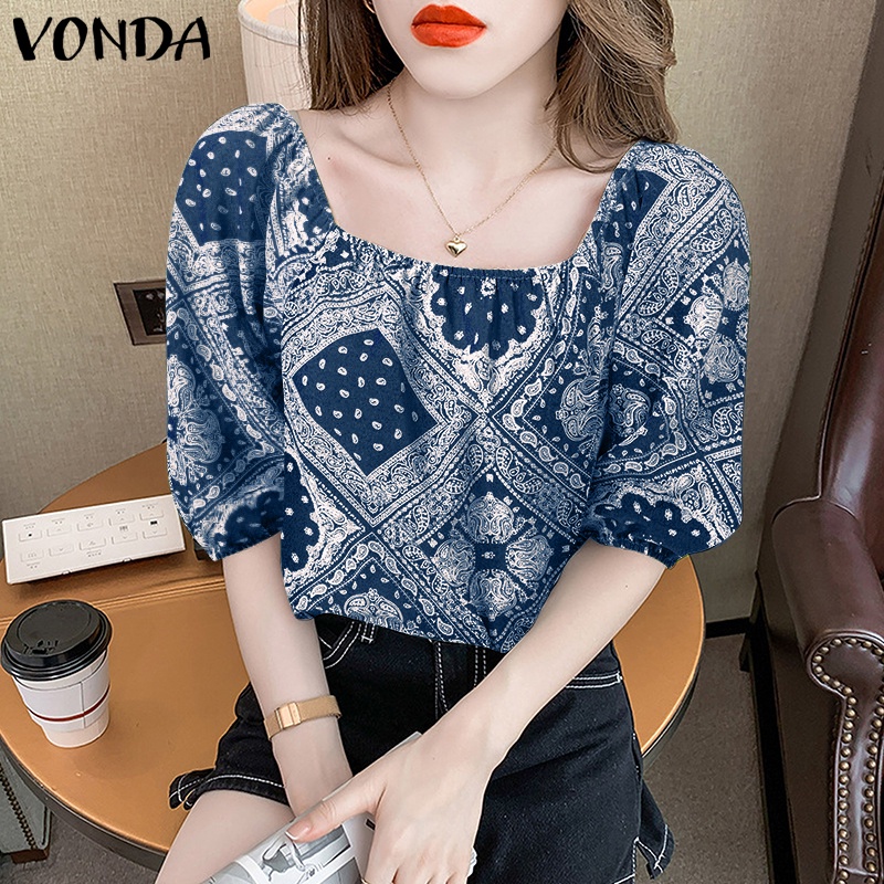 Vonda Women Korean Summer Short Sleeve Printed Off Shoulder Pleated