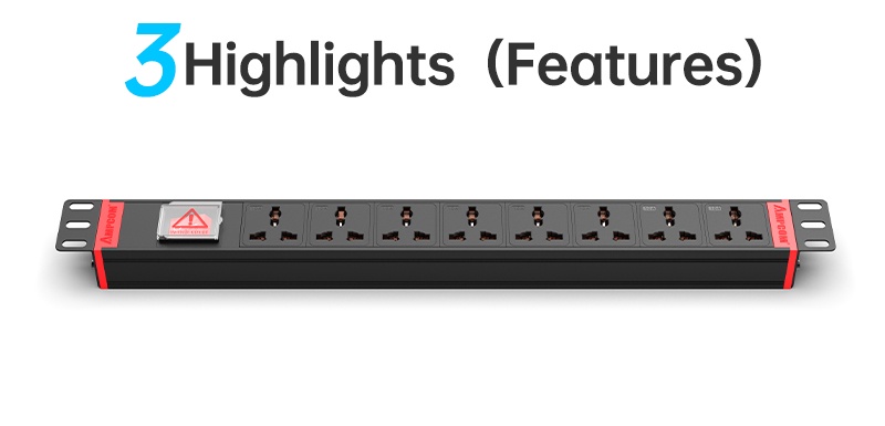 AMPCOM Universal PDU Power Strip Switcher 8 Outlets 1U 220-250V 10A/16A Copper Material with ...