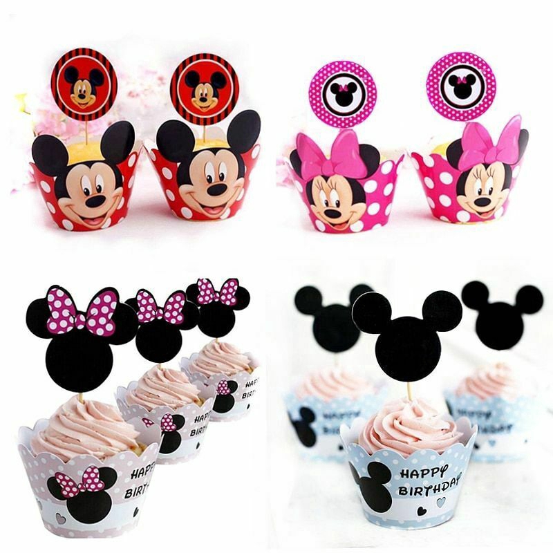 24pcs Cartoon Mickey Minnie Mouse Cupcake Wrappers Toppers pick Kids ...