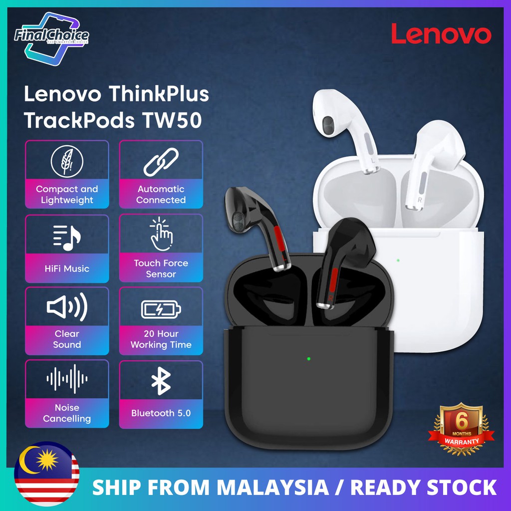 Lenovo Thinkplus Trackpods TW50 TWS Wireless Headset Touch Force Sensor Noise Cancellation ...