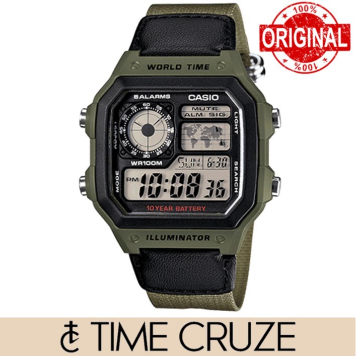[Time Cruze] Casio AE-1200 World Time Green Cloth Band Digital Men ...