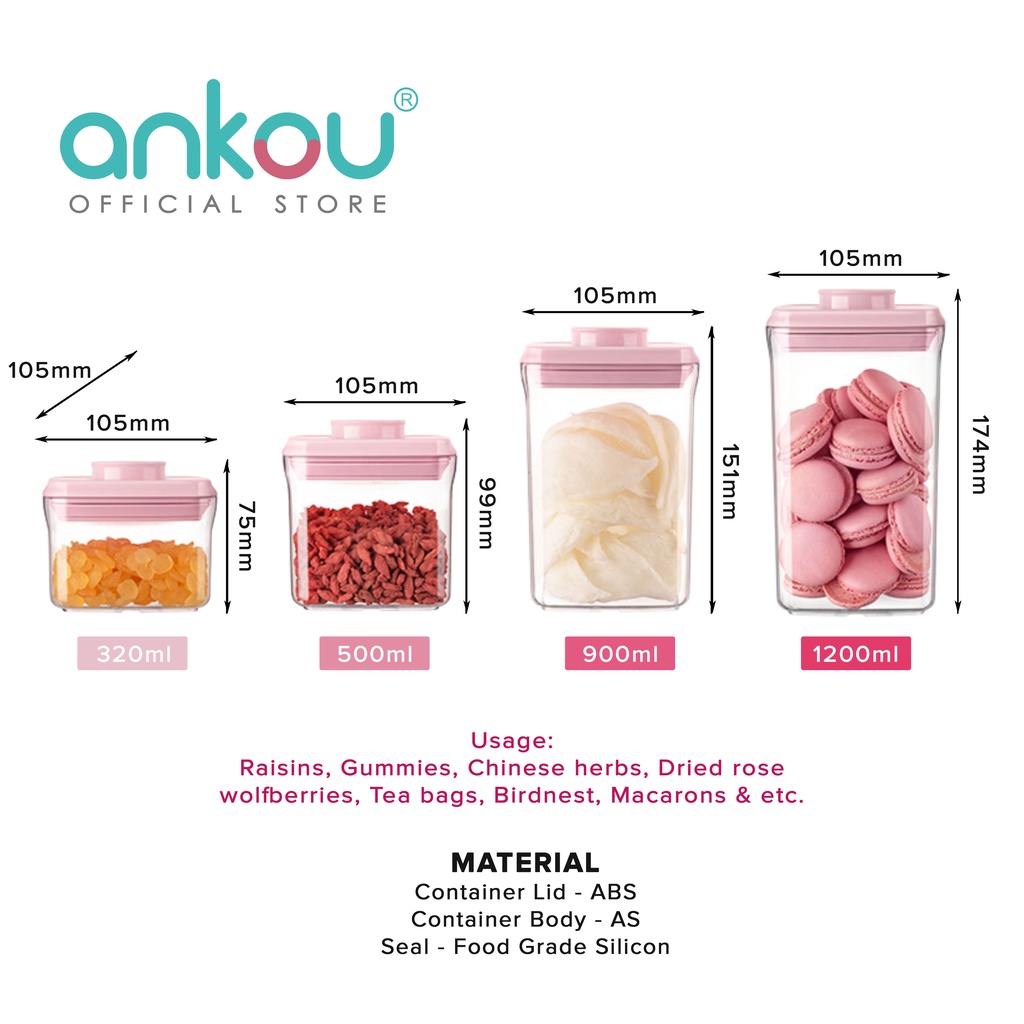 ANKOU AirTight Food Container - 4 in 1 / 10 in 1 Pink Square Clear Set ...