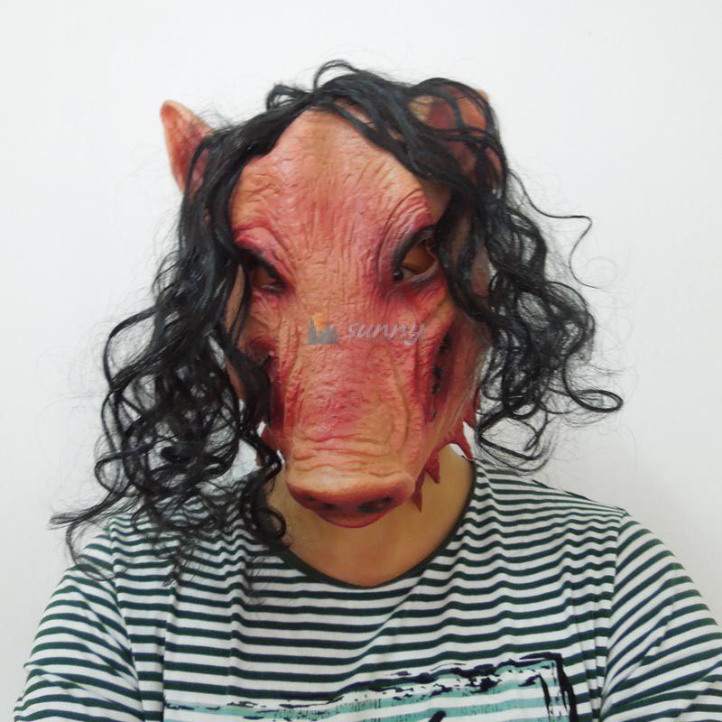 Halloween Scary Pig Head Mask Full Face Latex Mask with Hair Theme ...