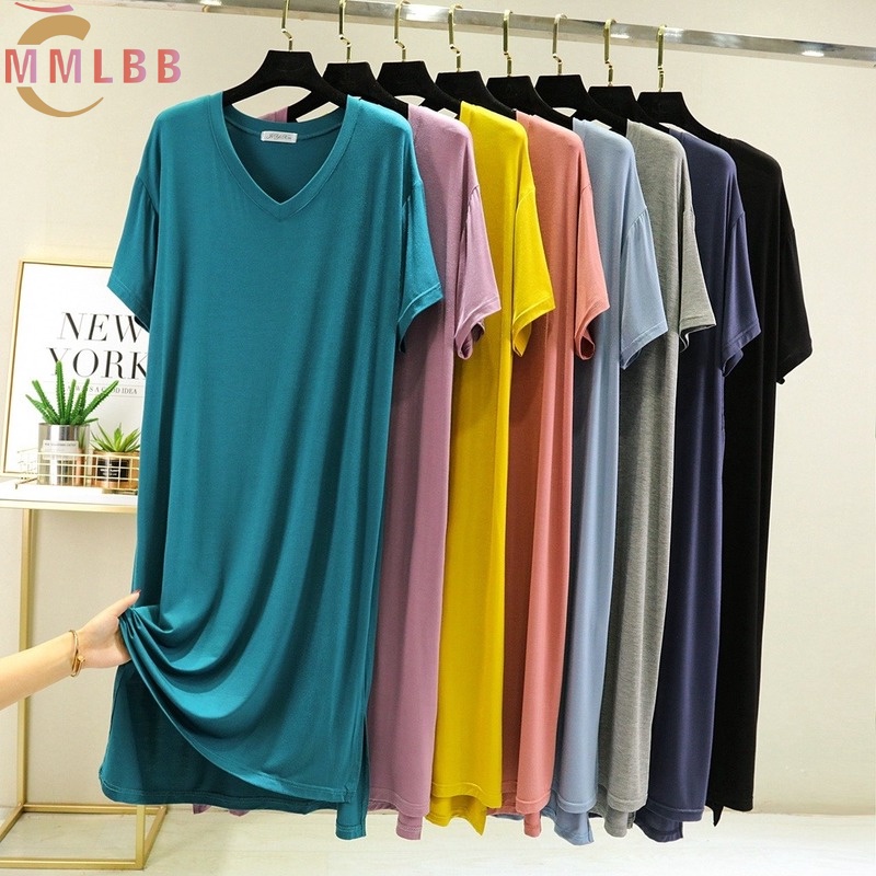 Women Modal Loose Dresses plain V neck Short sleeve Long Dresses casual ...