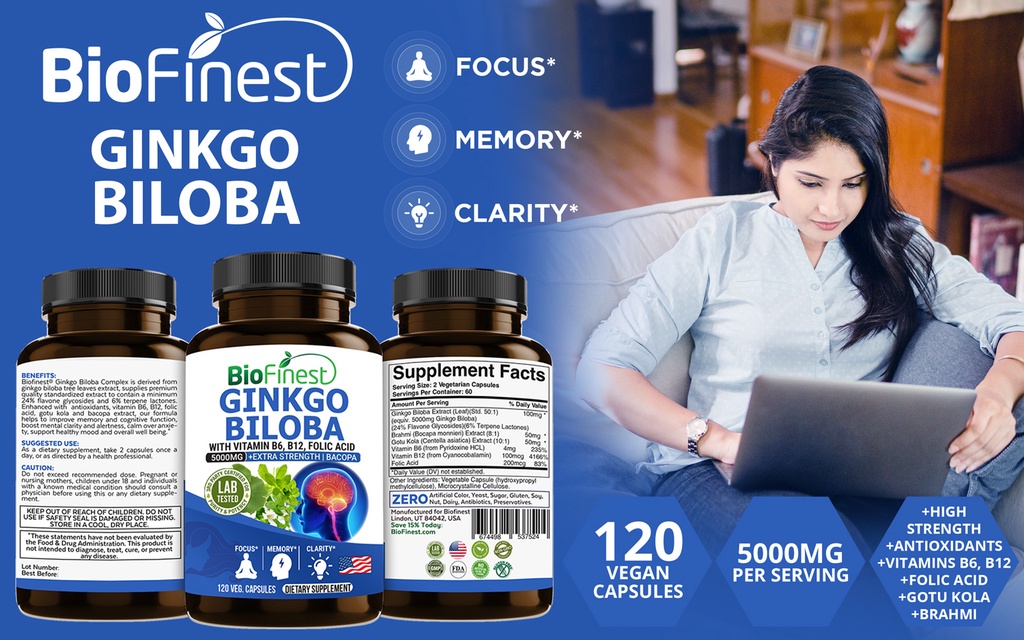 Biofinest Ginkgo Biloba 5000mg Supplement - Vitamin B6 B12 Folic Acid ...