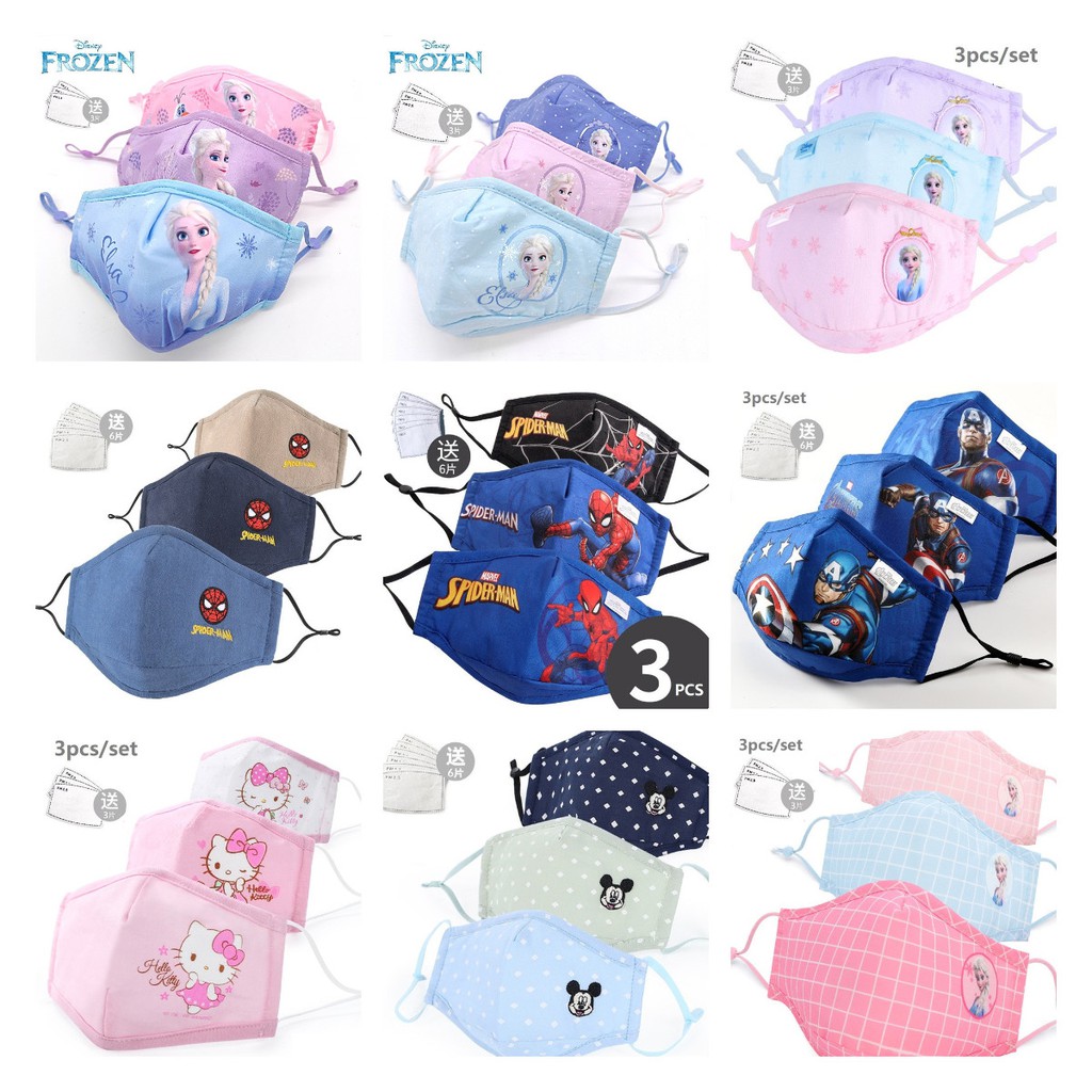 3pcs Reusable Kids Face Mask Frozen Elsa Disney Princess Mickey Minnie ...