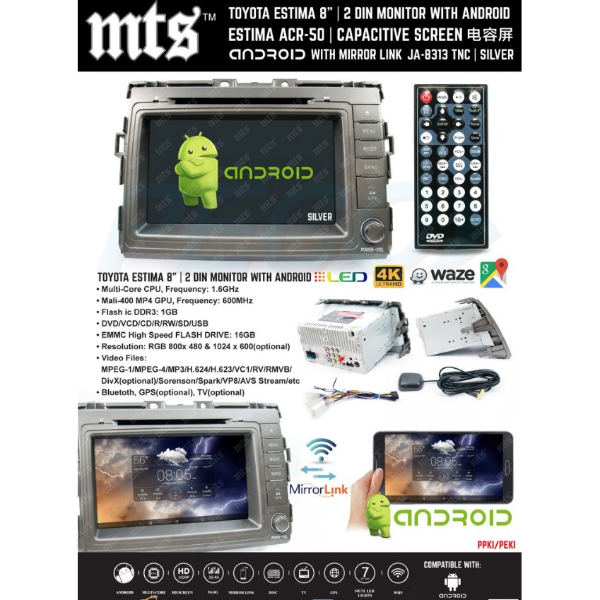 T.ESTIMA ACR-50 8 INCH DOUBLE DIN MONITOR WITH ANDROID & MIRROR LINK ...