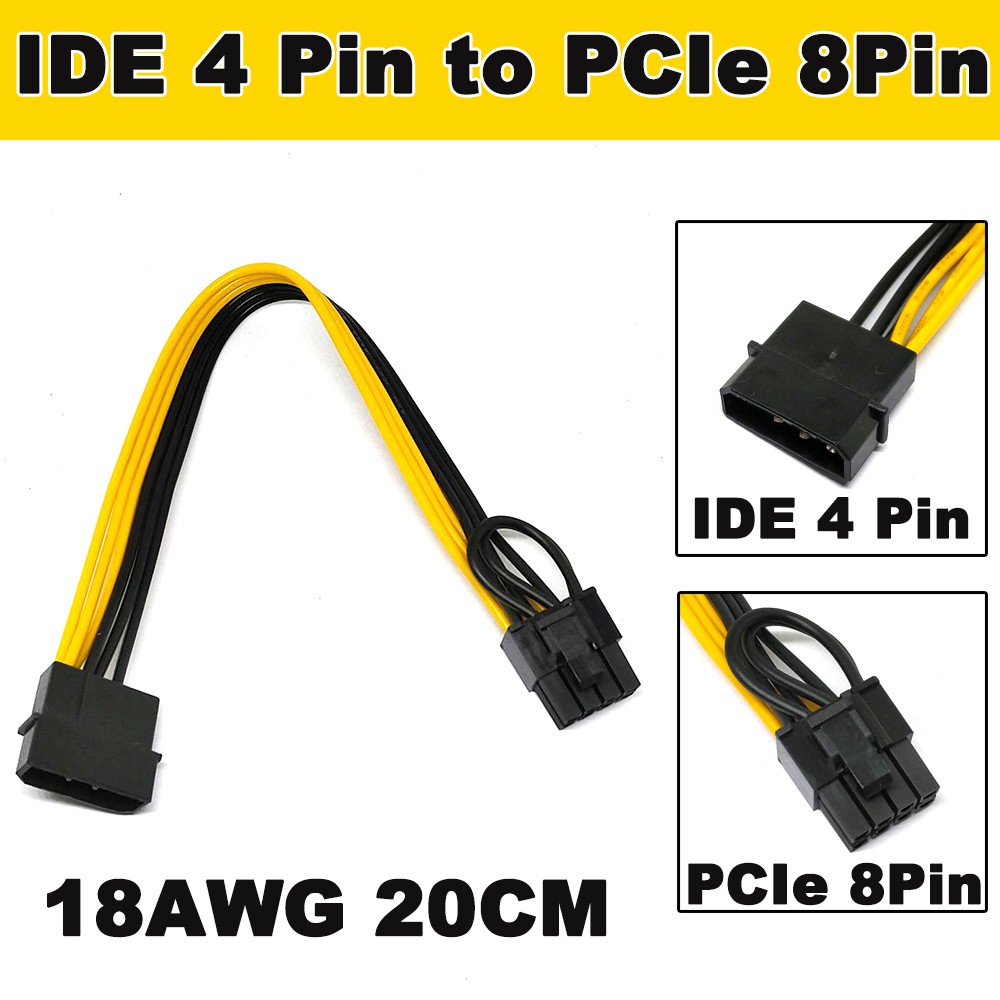 IDE 4 Pin to PCIe 8Pin (6 + 2) Adapter Power Cable 18AWG Length 20CM ...