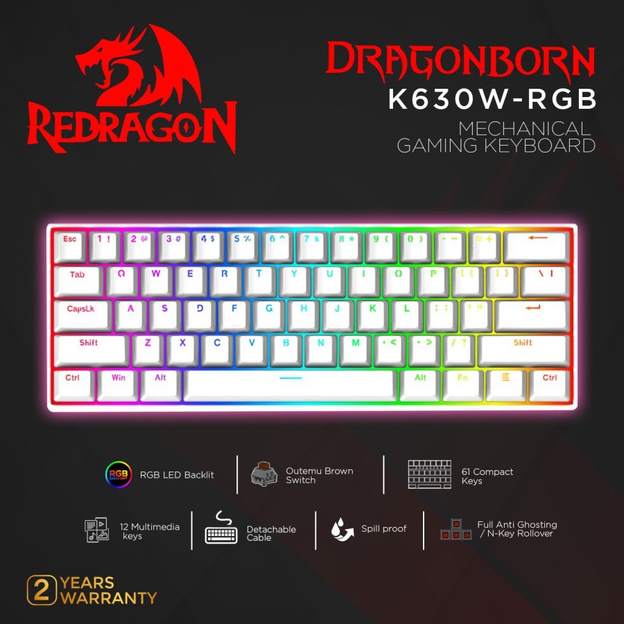 Redragon Mechanical Gaming Keyboard RGB DRAGONBORN WHITE - K630W-RGB ...