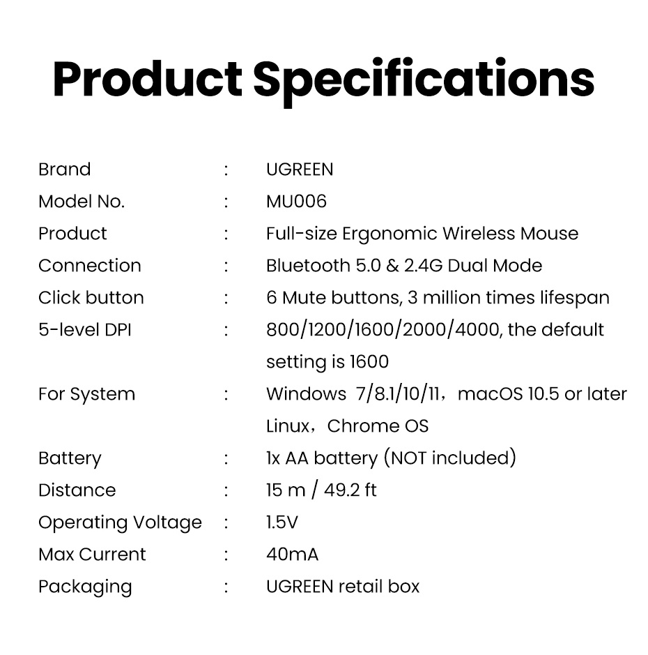 UGREEN Wireless Bluetooth Mouse with 6 Silent Buttons 2.4G with USB ...