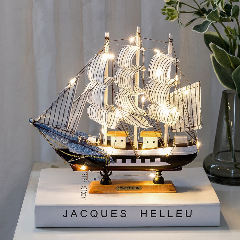 Handmade Wooden Ship Model with Light Strip Coastal Table Decoration ...