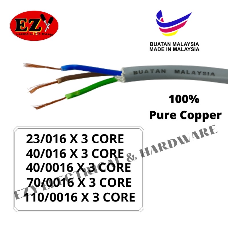 1 Meter COPPER CABLE 3 CORE 23/016 40/016 40/0076 70/0076 110/0076 PVC ...