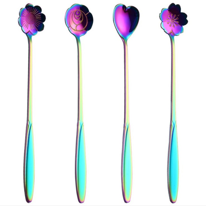 (Set Of 4) Rainbow Stainless Steel Spoon Flower Coffee Ice Cream ...