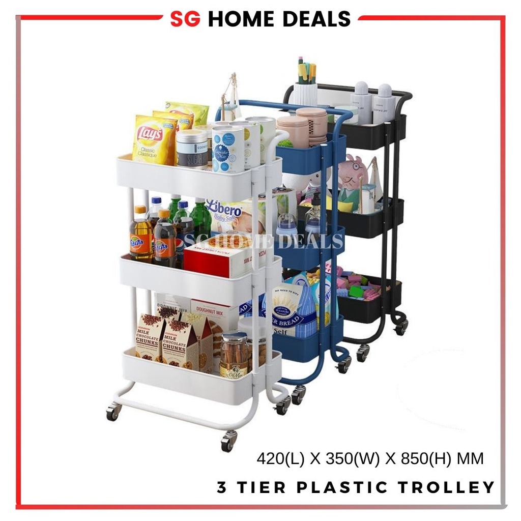 [SG STOCKS] 3 Tier Plastic Trolley Storage Rack with Handle and Wheels ...