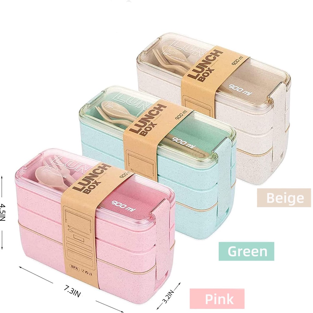 Stackable Bento Box Japanese Lunch Box Kit with Spoon & Fork, 3-In-1 ...