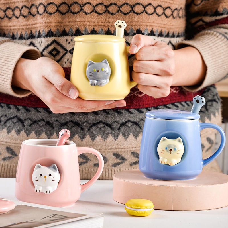 3D Cat Cup Ins Creative High-value Korean Mug with Cover Cute Cat Cup ...