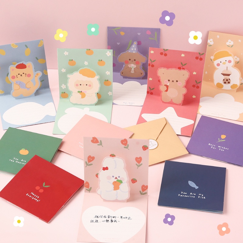 Cartoon 3D Foldable Greeting Card with Envelope Cute Christmas Holiday ...