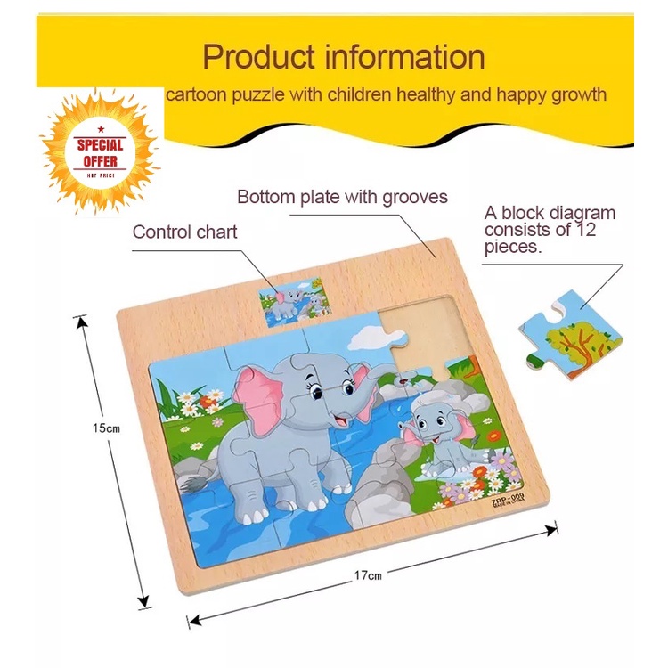 12 Piece Wood Kids Puzzle with Guide chart (Great for children gift ...