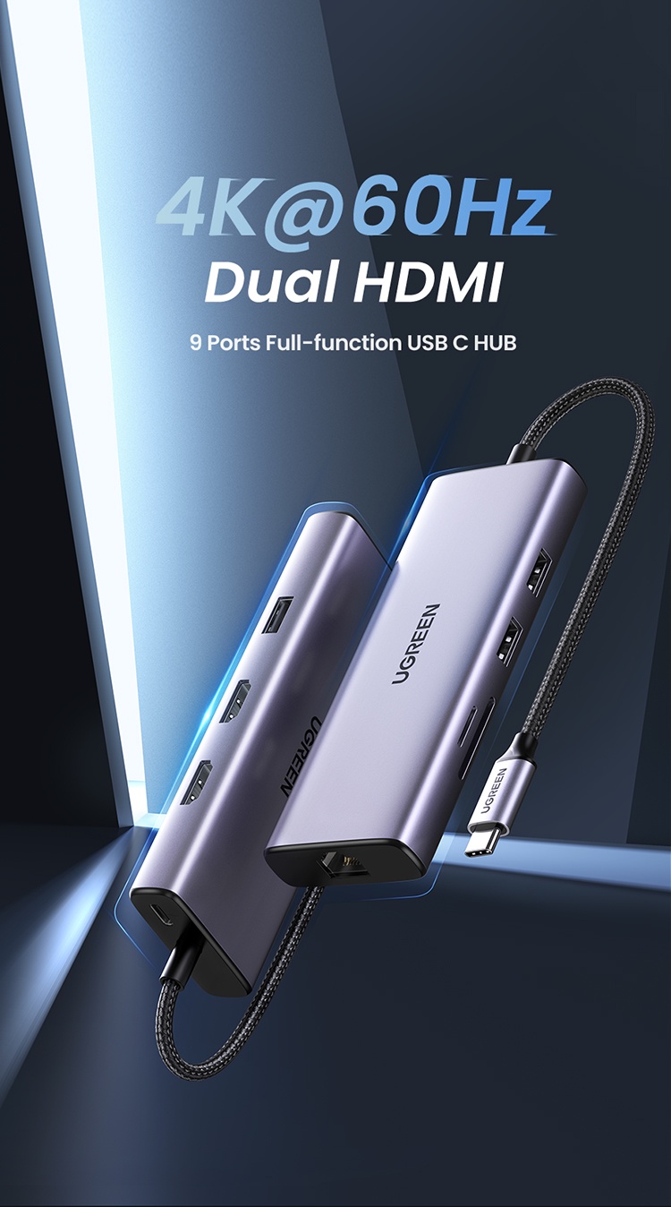 UGREEN 9-Ports Full-function Usb C HUB 4k 60Hz RJ45 PD for Macbook iPad ...