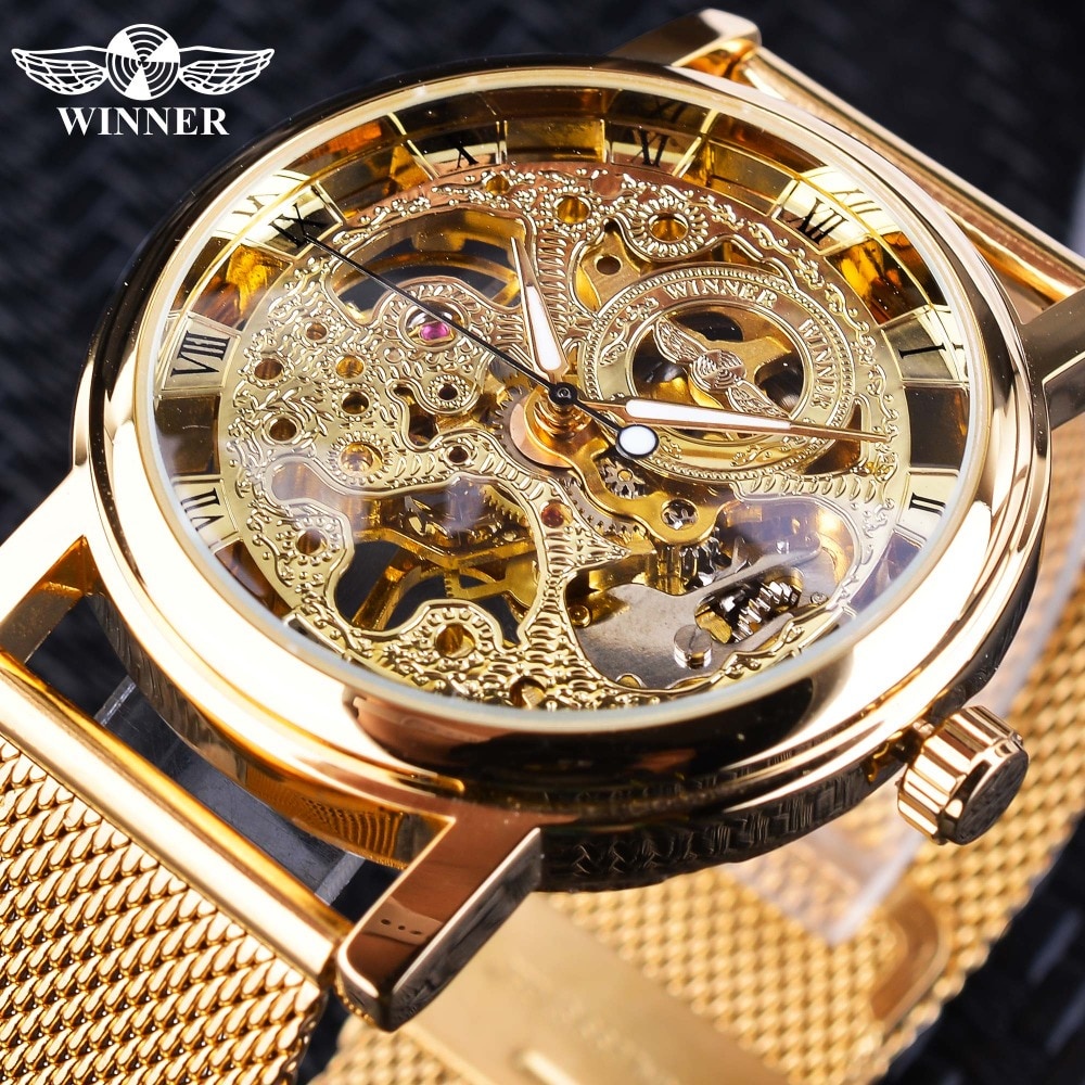 Winner Full Slim Case Gold Design Retro Openwork Watch Mesh Band Men ...