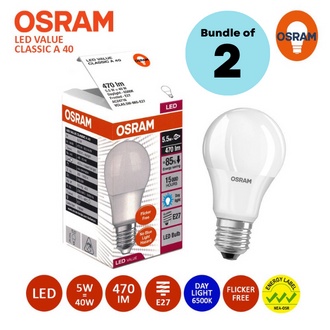 Bundle of 2 - OSRAM LED Value Classic A 40 5.5W E27 Screw Light Bulb (6500K Cool Daylight ...