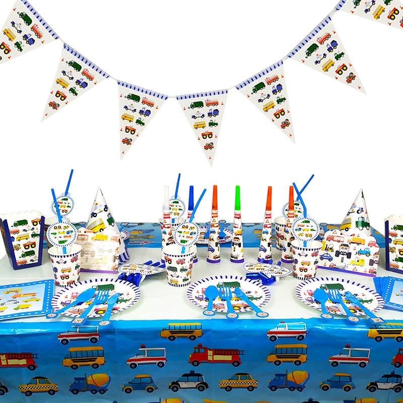 Children Engineering Vehicle Theme Cartoon Party Set Tableware Birthday ...