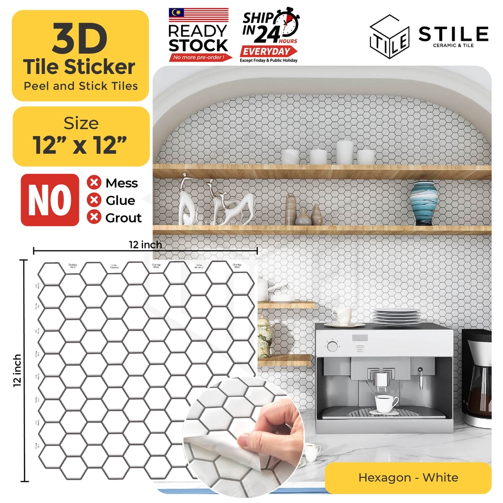 Hexagon White 3D Tiles Sticker Kitchen Bathroom Wall Tiles Sticker Self ...