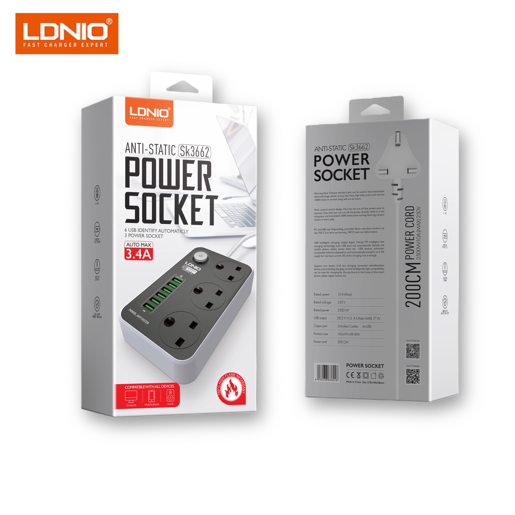 LDNIO Power Socket with UK 3 Pin +6 USB Fast Charger 250V/2500W/10A ...