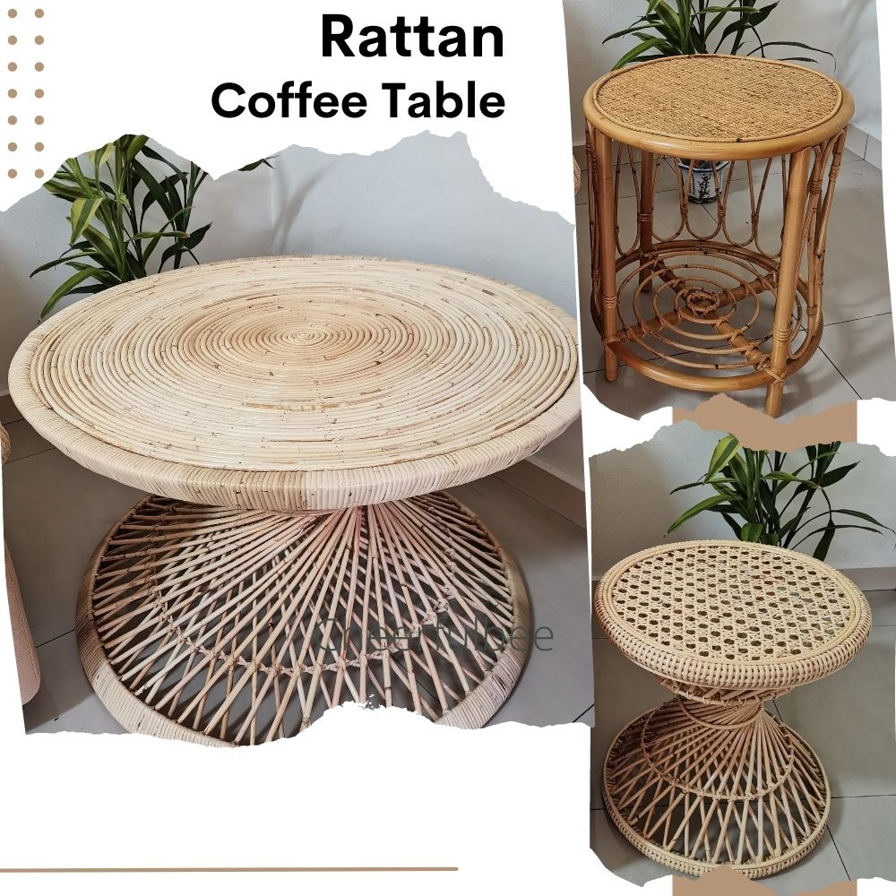 [Cheerfulbee] Round Rattan Coffee Table Hand-Woven Portable Living Room ...