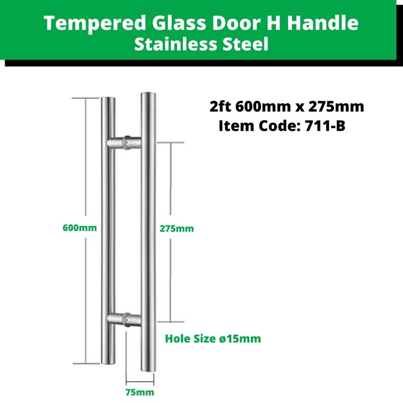 600mm 2ft Stainless Steel Pull Handle H Shape Tempered Glass Door ...