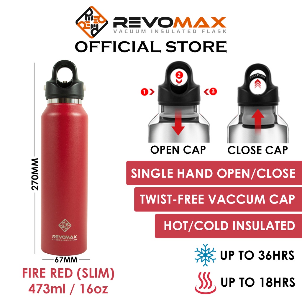 RevoMax Vacuum Insulated Thermal Water Bottle Flask - Fire Red 16oz ...
