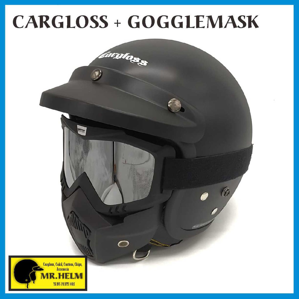 Original RETRO CARGLOSS HELMET SNI BLACK DOFF + GOGGLEMASK PREMIUM ...