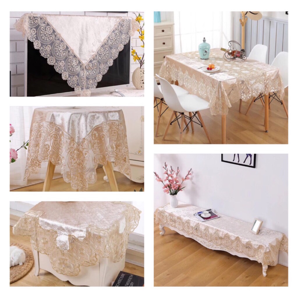 New Beige color table cloth with Lace is Velvet material | Shopee Singapore
