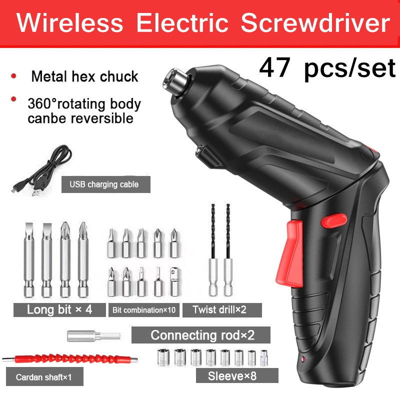 Wireless Electric Screwdriver 47 Pcs/Set Cordless Drill USB ...