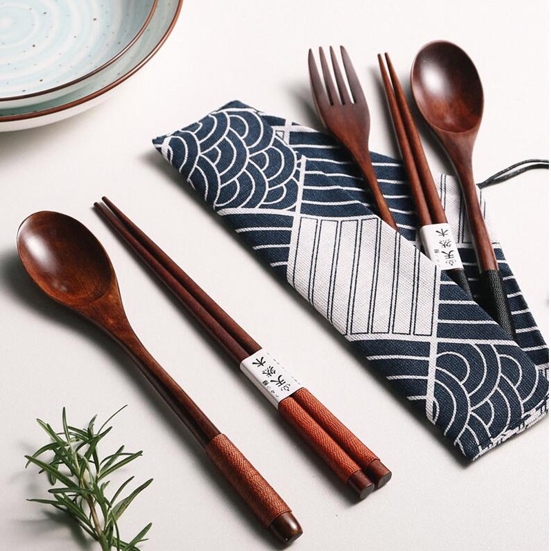 Wooden Cutlery Set 3PCS/set Japanese Style Spoons Fork Chopsticks Set ...