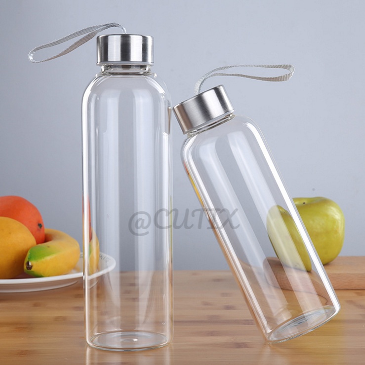 Glass Water Bottle Drinking Jar Stainless Steel Lid Portable Handle ...