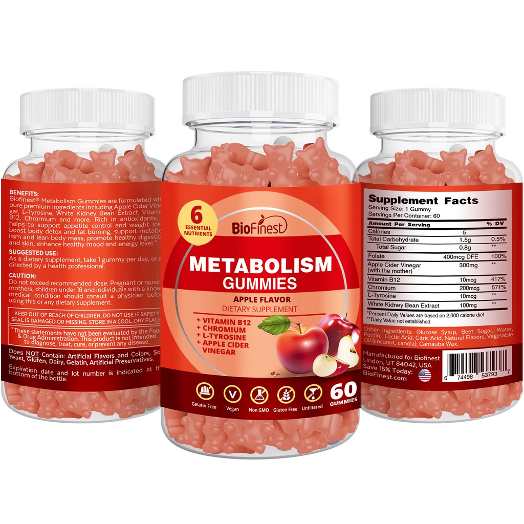 Biofinest Metabolism Gummy Supplement - Apple Cider Vinegar Vitamin B ...