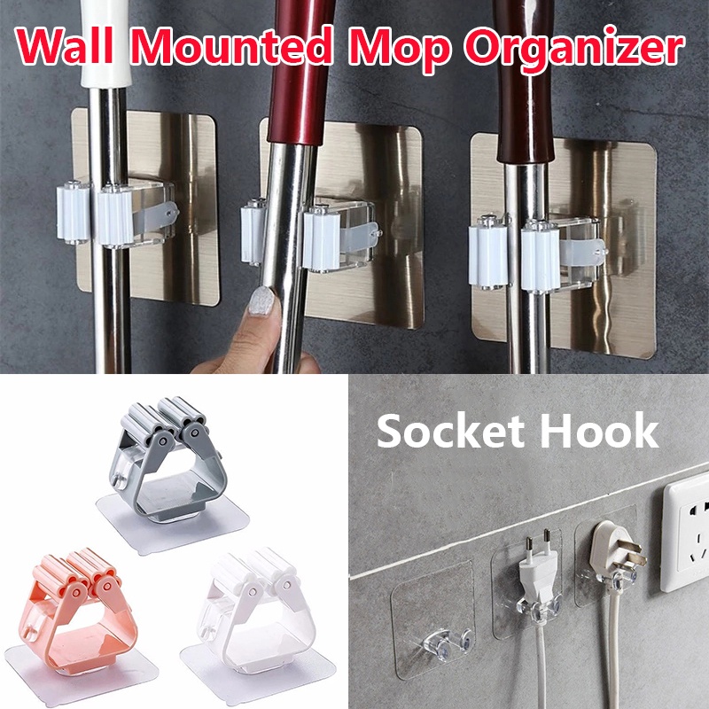 Multi-Purpose Hooks Adhesive Wall Mounted Mop Organizer Holder Rack ...
