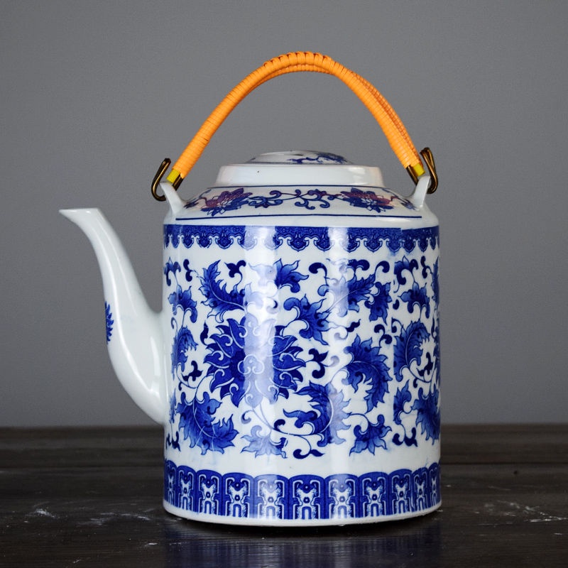 Ceramic Teapot Water Pitcher Household Loop-Handled Teapot Old Blue ...