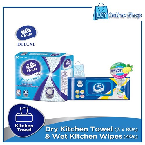 Vinda Deluxe Wet Kitchen Towel 3x80's + Wet Kitchen 40's (Tisu Basah ...
