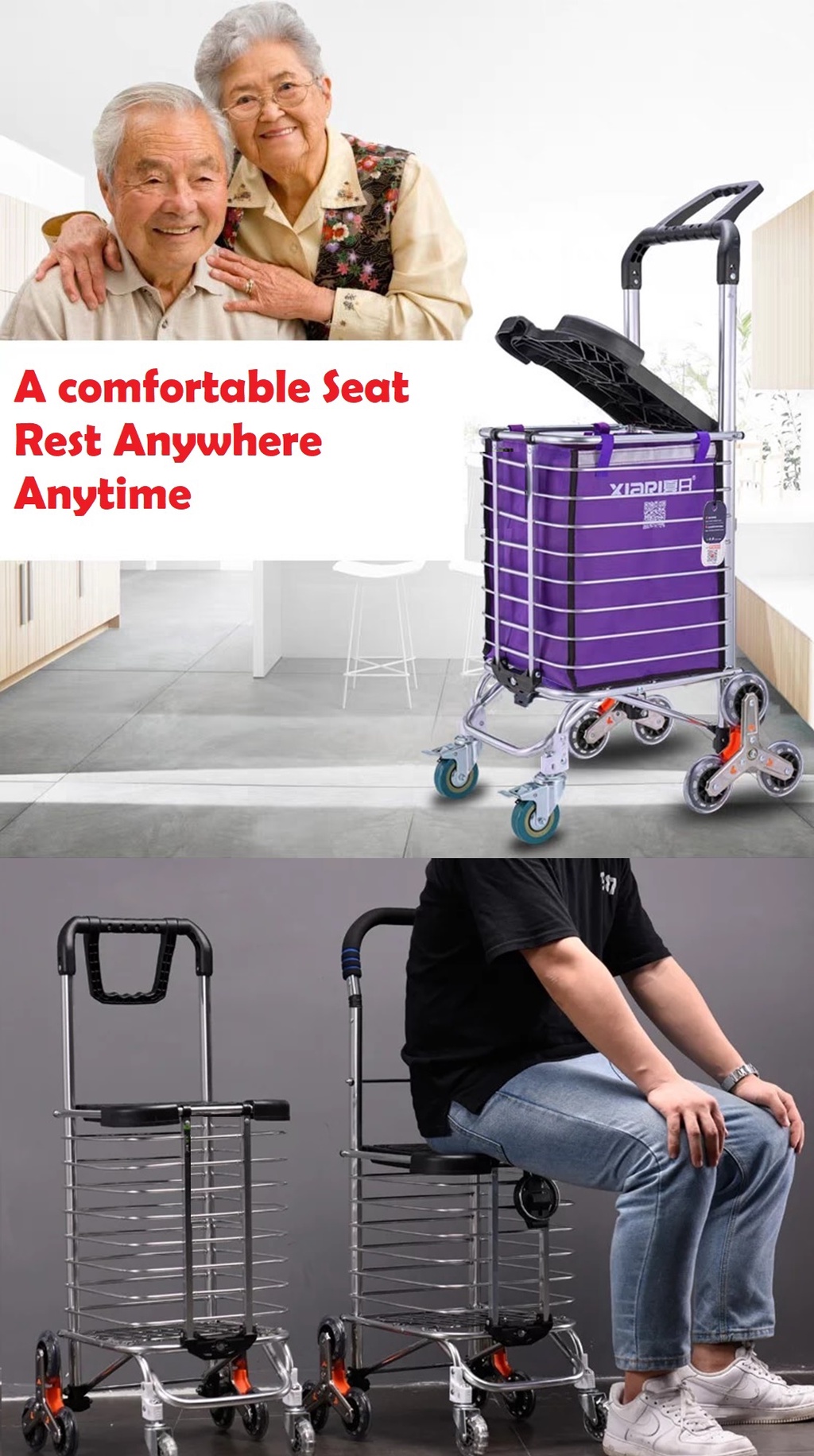 UPGRADE SEAT COVER Climb Stairs Aluminum Alloy Trolley Shopping Cart ...