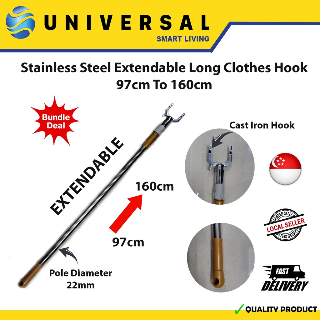 [SG SHOP SELLER] Stainless Steel Extendable Long Cast Iron Clothes Hook ...