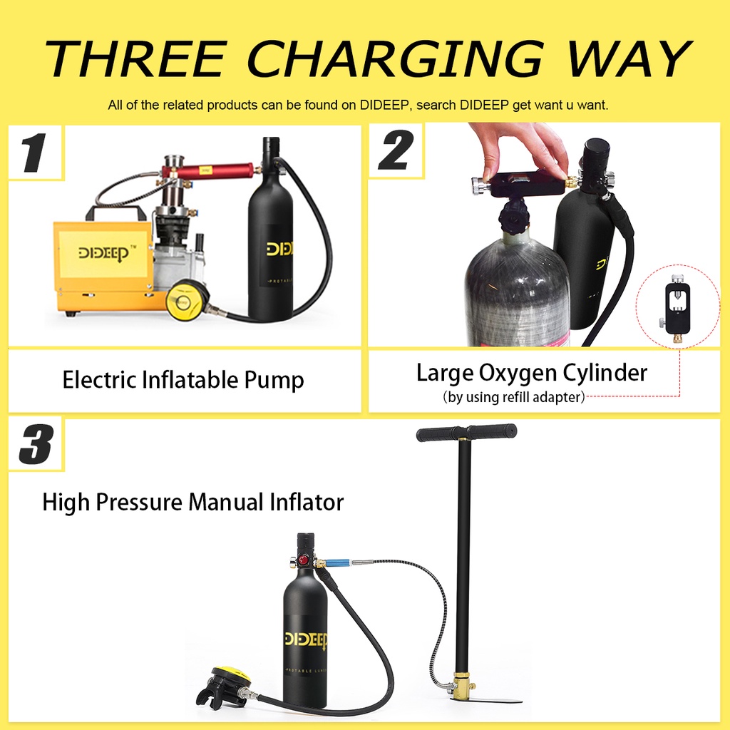 1L Mini Respirator Air Tank Hand Pump DIDEEP Scuba Diving Cylinder ...